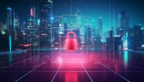 Premium Photo Cybersecurity Lock On A City Background Neon Glow Colors