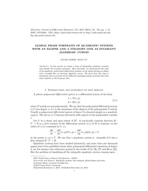 Pdf Global Phase Portraits Of Quadratic Systems With An Ellipse And A