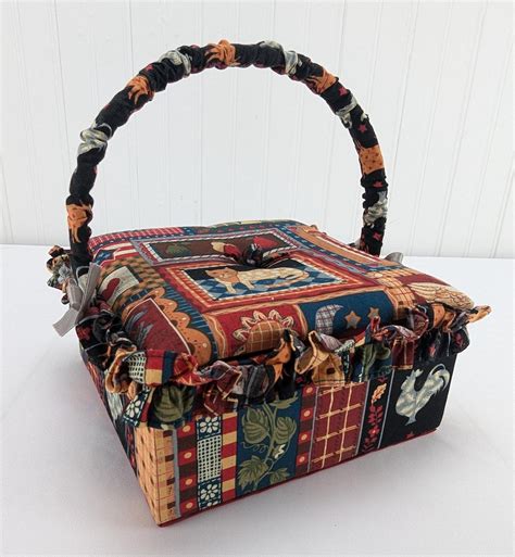 Fabric Sewing Box With Handle Padded Lid Primitive Pattern Square