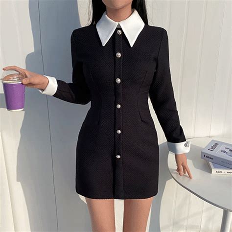 레빈 카라 트위드 원피스 배색 미니 진주 하객룩 결혼식 에이블리