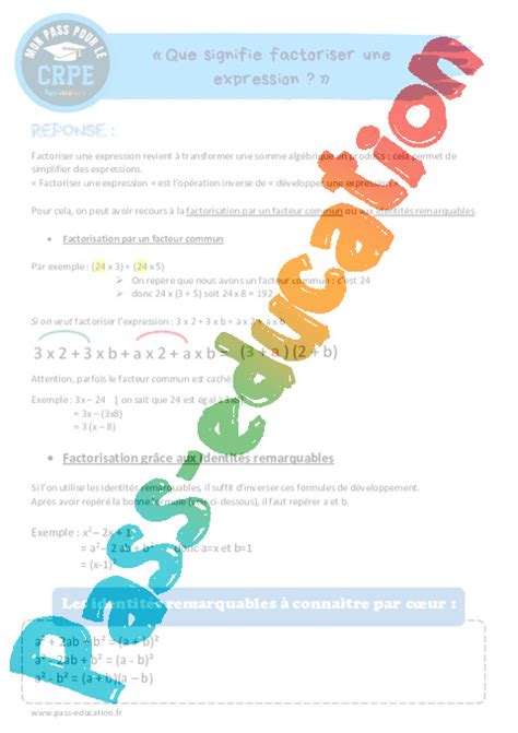 Que Signifie Factoriser Une Expression Crpe 2026 Cycle 3 Pdf à Imprimer