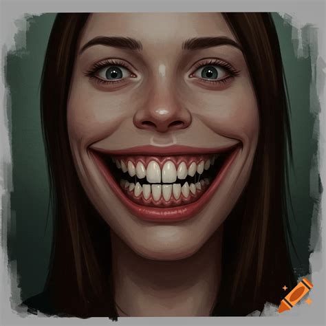 Close Up Portrait Of A Creepy Face With An Exaggerated Smile And Many