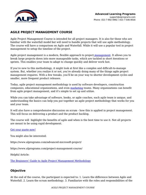 Agile Project Management Course Course Outline Pdf Agile Software