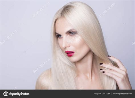 Pmages Blonde Hair Color Luxury Platinum Blonde Hair Color And Red Lips Stock Photo