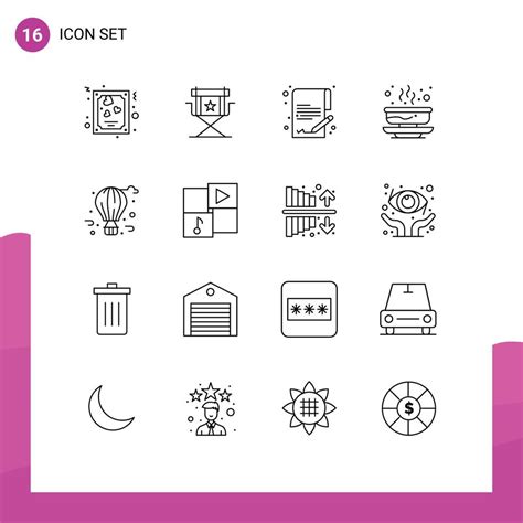 Pack Of 16 Creative Outlines Of Air Balloon Food Television Soup Bowl Editable Vector Design
