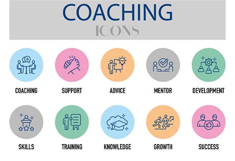 지원 조언 멘토 개발 기술 교육 지식 성장 및 성공을 포함한 현대적인 플랫 코칭 아이콘 세트입니다 비즈니스 Hr 리더십 또는 교육 프로젝트에 적합합니다 개발에 대한 스톡