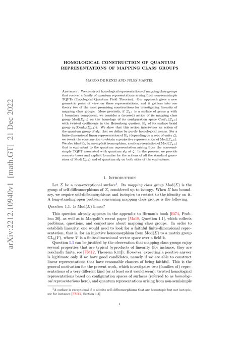 Pdf Homological Construction Of Quantum Representations Of Mapping Class Groups