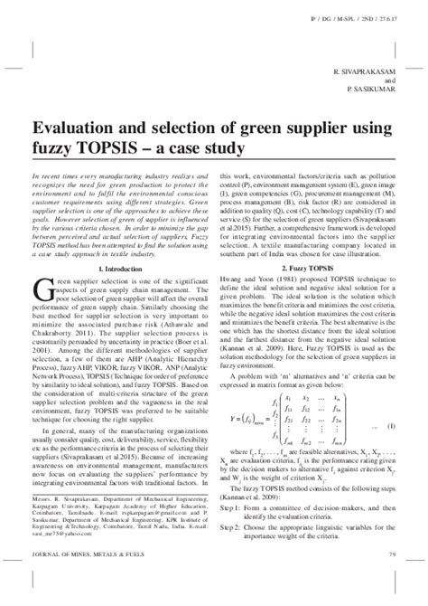 Pdf Evaluation And Selection Of Green Supplier Using Fuzzy Topsis A