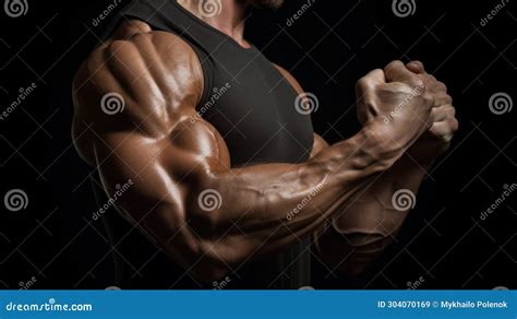 Tense Arm Clenched Into Fist Veins Bodybuilder Muscles On A Dark Background Neural Network Ai