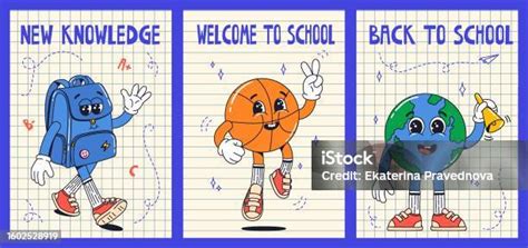 60년대 70년대의 플랫 복고풍 고전 만화 스타일의 따옴표가 있는 장갑을 낀 학용품 그루비 캐릭터가 있는 포스터 3개를