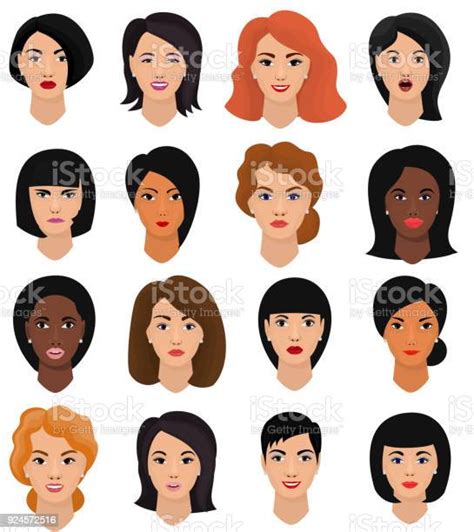 여자 초상화 벡터 여성 캐릭터 얼굴 헤어스타일와 만화 사람과 여자의 아름 다운 얼굴 특징 흰색 배경에 고립의 다양 한 피부 색조 그림 세트 Sport Set에 대한 스톡