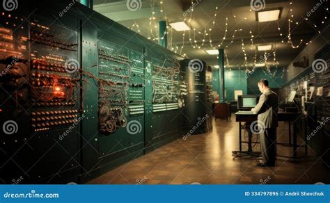 Engineer Operating Early Computer System In Retro Electronics Lab With