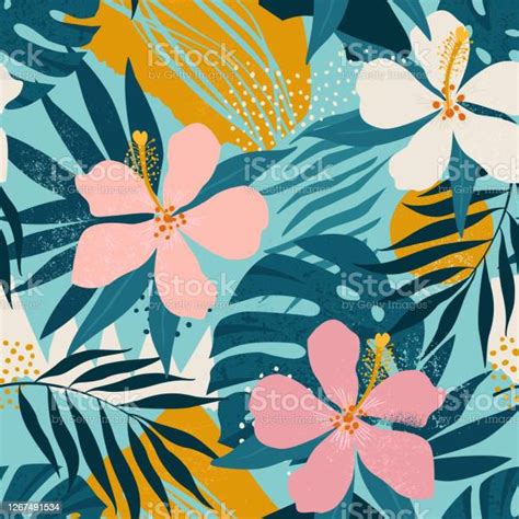 열대 꽃과 배경에 예술 야자수 잎 원활한 벡터 패턴입니다 패턴에 대한 스톡 벡터 아트 및 기타 이미지 패턴 열대 기후 트로피컬 패턴 Istock