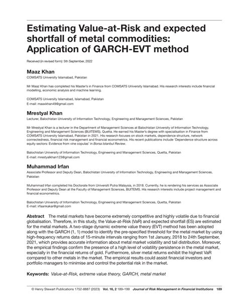 Pdf Estimating Value At Risk And Expected Shortfall Of Metal Commodities Application Of Garch