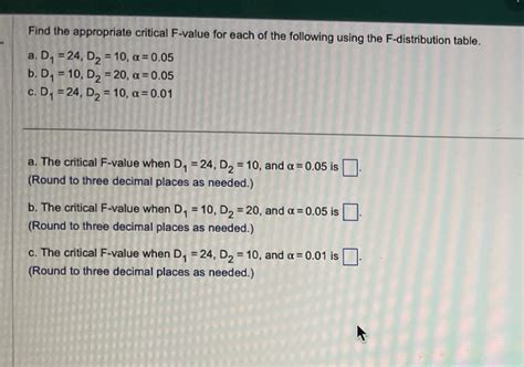 Solved Find the appropriate critical F-value for each of the | Chegg.com