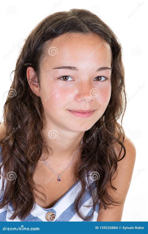 Portrait Of A Normal Girl Smiling Posing On White Background Stock