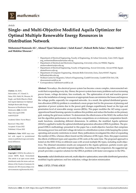 Pdf Single And Multi Objective Modified Aquila Optimizer For Optimal Multiple Renewable