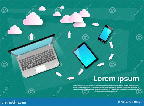 Laptop Computer Tablet Cell Smart Phone Cloud Database Data Synchronization Stock Vector