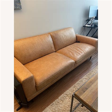 Structube 3 Seat Tan Leather Sofa Aptdeco