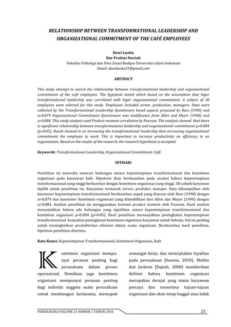 Pdf Relationship Between Transformational Leadership And Organizational Commitment Of The Cafe