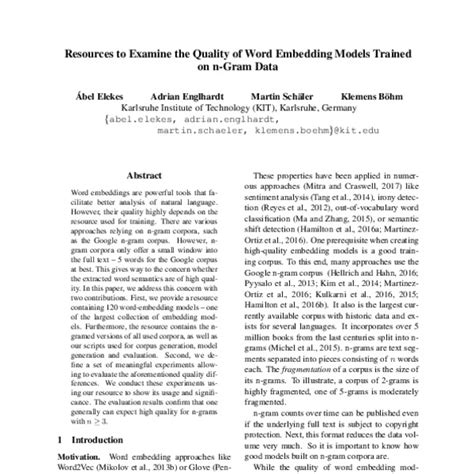 resources to examine the quality of word embedding models trained on n
