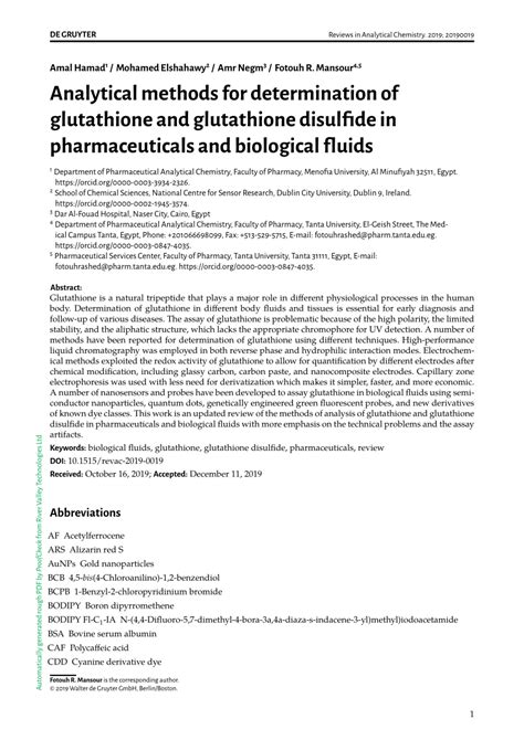 Pdf Analytical Methods For Determination Of Glutathione And Glutathione Disulfide In
