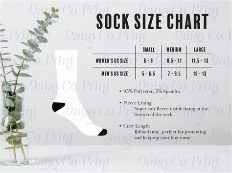 Sublimation Sock Mockup Size Chart Generic Brand Sock Size Chart Mockup All Over Print Crew Sock