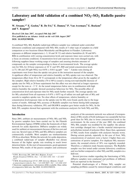 Pdf Laboratory And Field Validation Of A Combined No2so2 Radiello