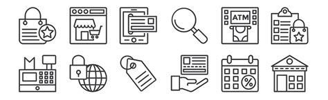 선형 쇼핑 라인 아이콘 12 세트 창고 카드 결제 보호 Atm 기계 모바일 뱅킹 웹 모바일 용 온라인 쇼핑과 같은 얇은 개요 아이콘 0명에 대한 스톡 벡터 아트 및 기타