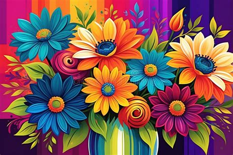 Bouquet Of Vibrant Abstract Flowers Centered With Swirling Patterns And
