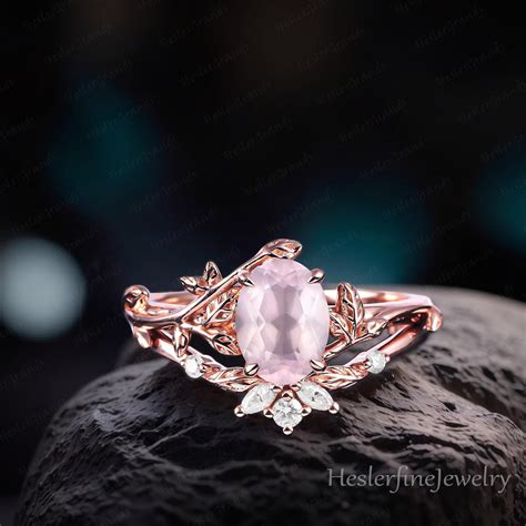 Oval Cut Rose Quartz Engagement Ring Sets Art Deco Ring Bridal Sets