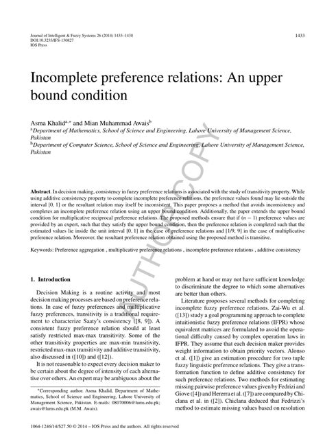 Pdf Incomplete Preference Relations An Upper Bound Condition