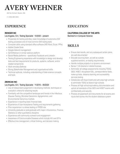 Testing Specialist Resume Samples Velvet Jobs