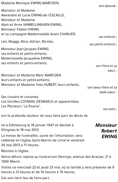 Avis De Décès De Robert Ewing Décédé Le 18 05 2013 à Ottignies Annonce Condoléances Fleurs