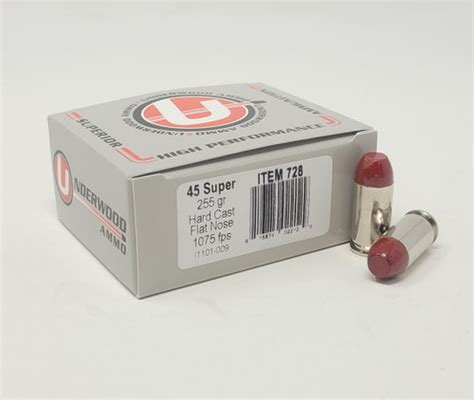 Underwood 45 Super Ammunition Uw728 255 Grain Hard Cast Flat Nose 20 Rounds