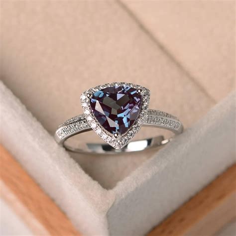 Halo Ring Trillion Cutalexandrite Wedding Ring Sterling Silver June