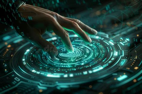 Finger Touching Digital Fingerprint Scanner On Glowing Virtual Keyboard