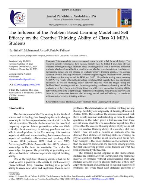 Pdf The Effect Of Problem Based Learning Model And Self Efficacy Towards Creative Thinking