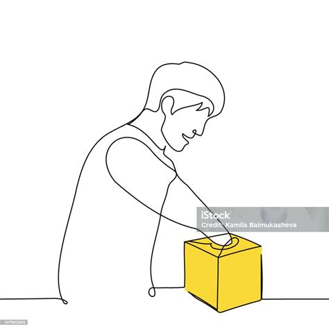 Man With Anticipation Or Joy Put His Hand Into A Small Yellow Box With