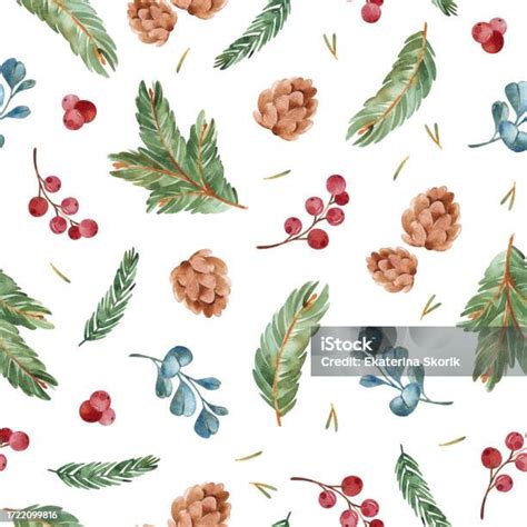나뭇가지 나뭇잎 솔방울 열매가 있는 수채화 메리 크리스마스 이음매 없는 배경 0명에 대한 스톡 벡터 아트 및 기타 이미지 0명 12월 가문비나무 Istock