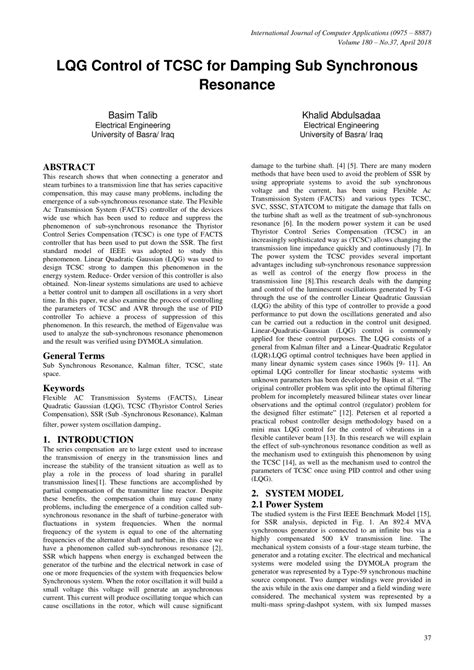 Pdf Robust Lqg Control Of Tcsc For Damping Sub Synchronous Resonance
