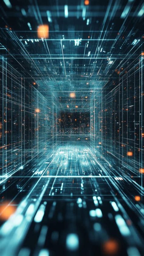 Futuristic Digital Data Tunnel With Glowing Blue And Orange Lights Stock Illustration