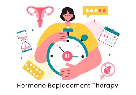 Hrt 또는 호르몬 대체 요법 약칭 터 일러스트레이션 의료 플래트 만화 배경에서 치료와 호르몬 약물 프리미엄 벡터