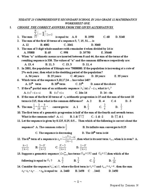 Grade 12 Mathematics Worksheet Pdf Sequence Analysis