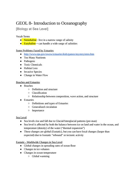 2020 Intro To Oceanography Biology At Sea Level Lecture Notes Week14