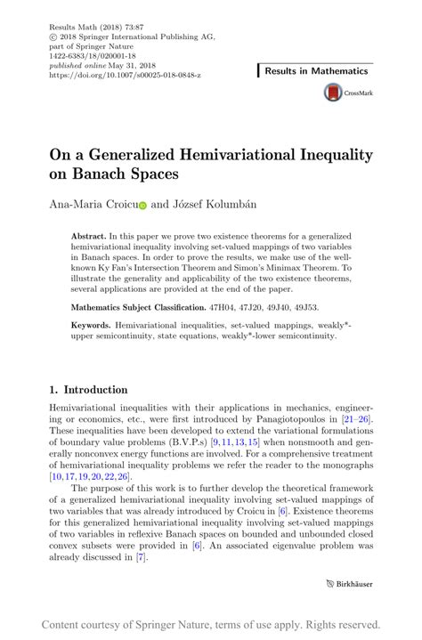 On A Generalized Hemivariational Inequality On Banach Spaces Request Pdf