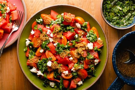 Watermelon And Tomato Salad With Pickled Mustard Seeds And Chunky Herb