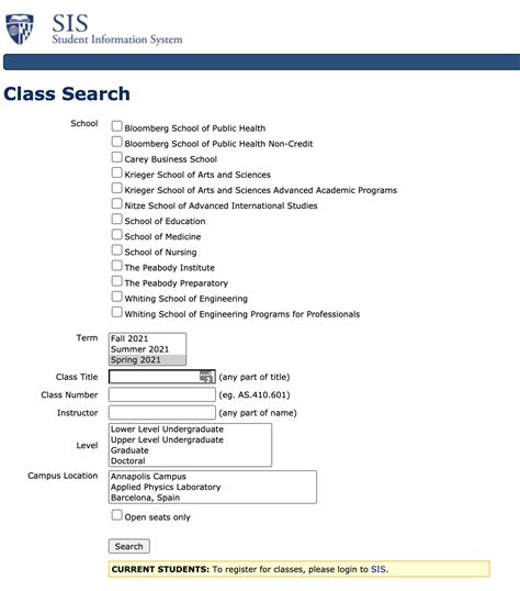 jhu s class search