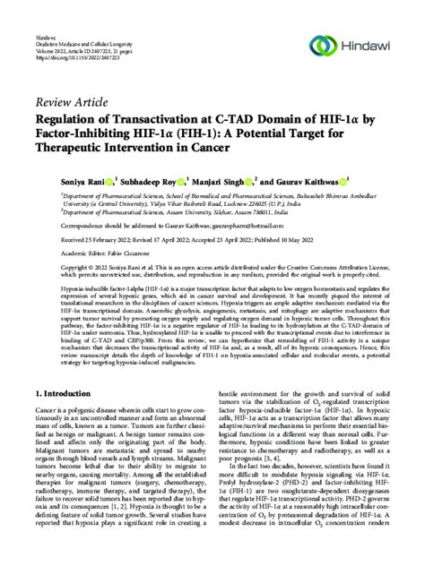 Pdf Regulation Of Transactivation At C Tad Domain Of Hif 1α By Factor Inhibiting Hif 1α Fih 1