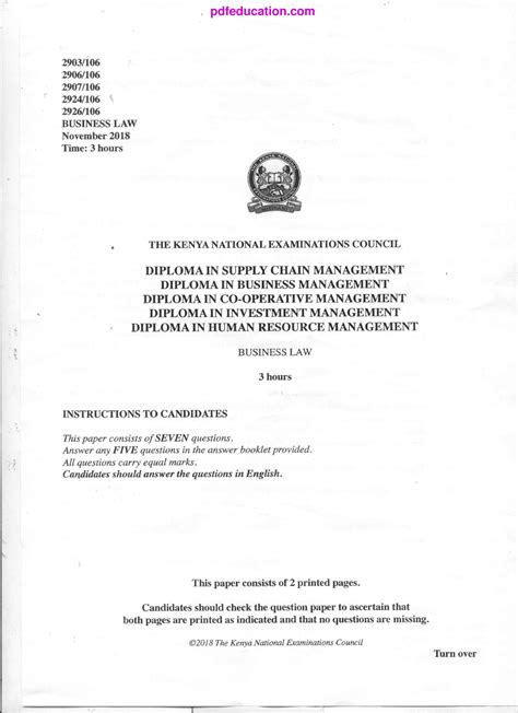 Business Law Knec Past Papers Nov 2018 Business Management